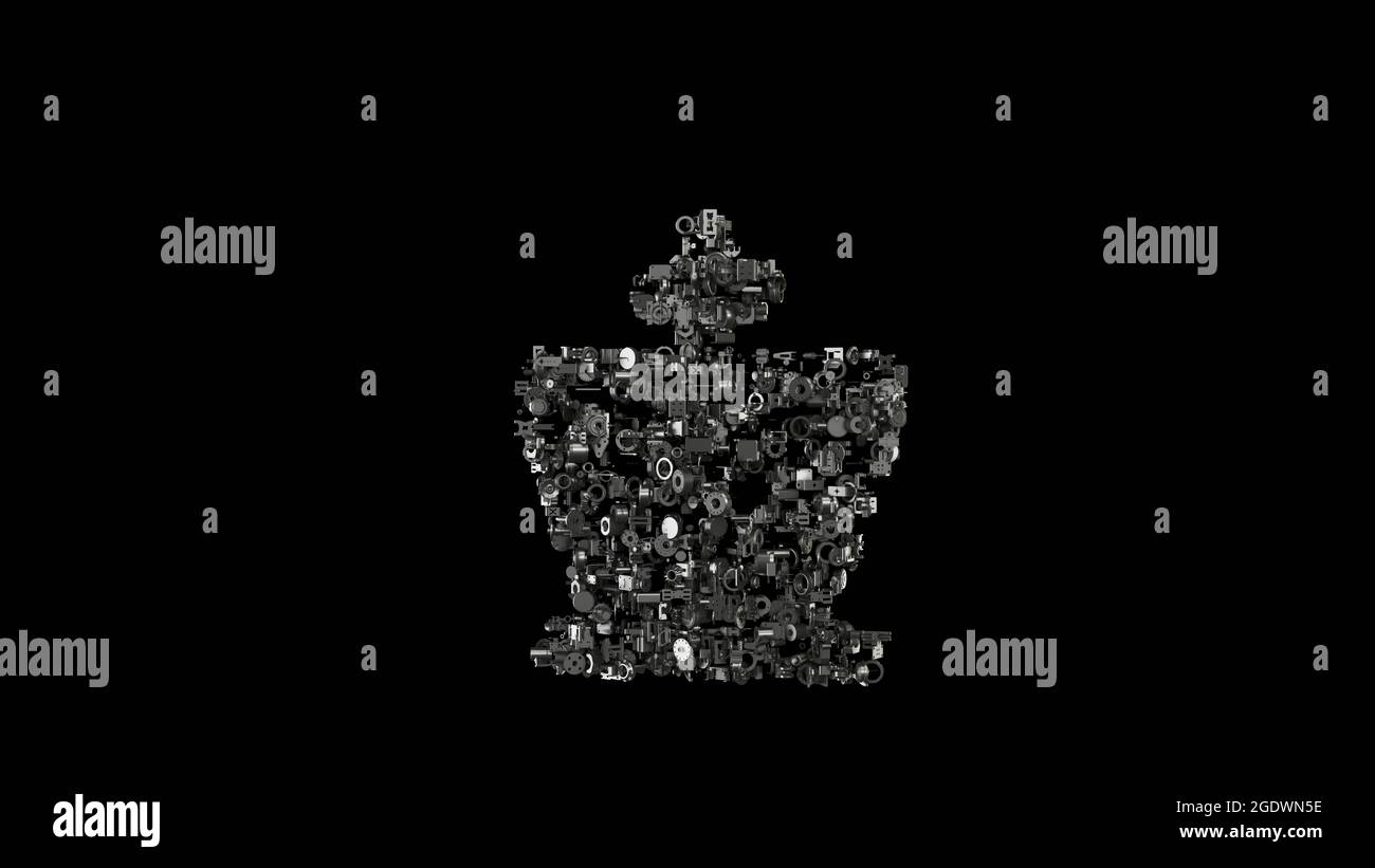 3d rendering various mechanical glossy metal parts in shape of symbol ...
