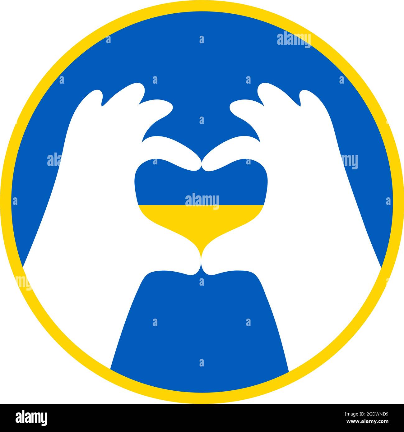 Ukrainian symbol. Hand gesture making heart symbol. Inside is a yellow ...