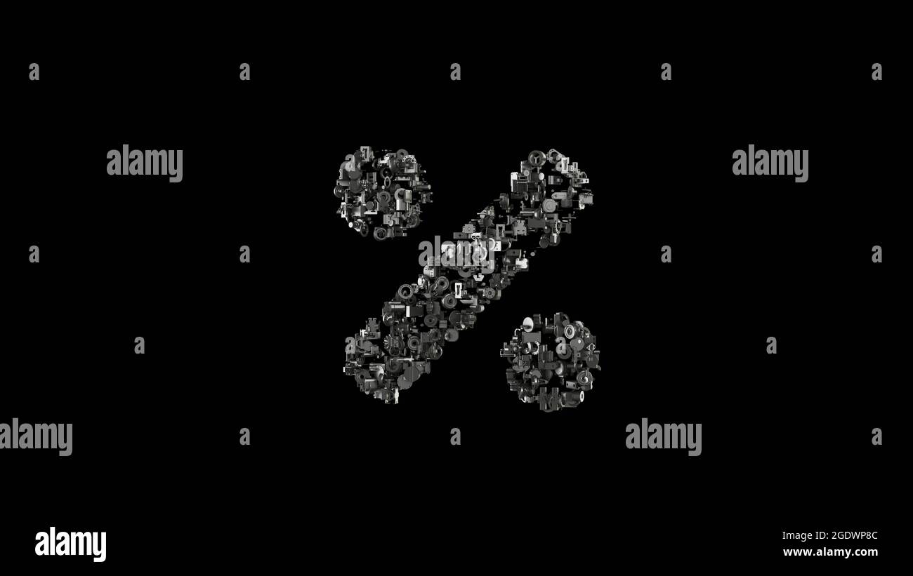 3d rendering various mechanical glossy metal parts in shape of symbol ...