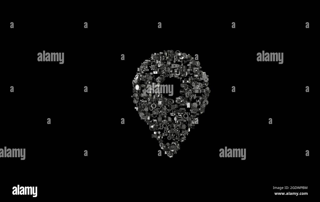 3d rendering various mechanical glossy metal parts in shape of symbol ...