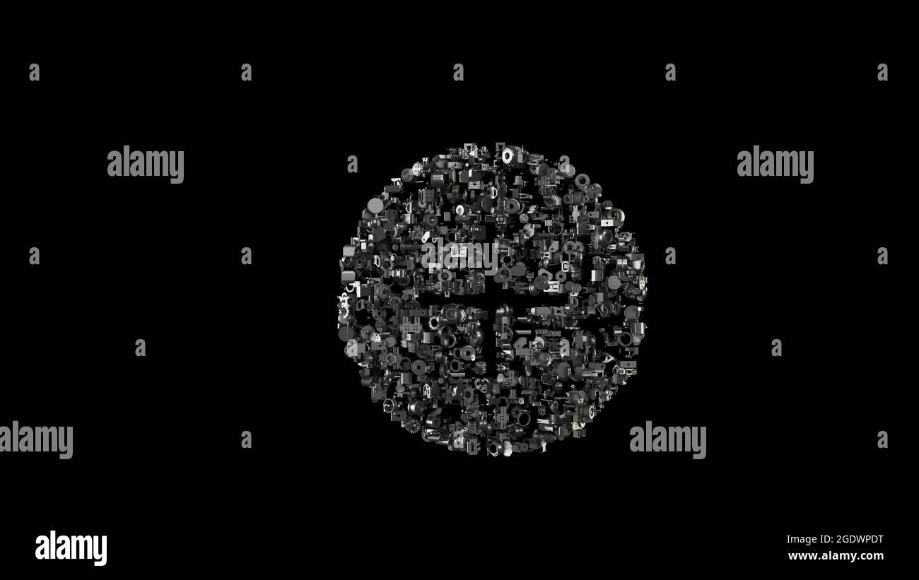 3d rendering various mechanical glossy metal parts in shape of symbol ...