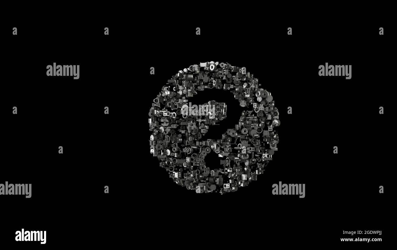 3d rendering various mechanical glossy metal parts in shape of symbol ...
