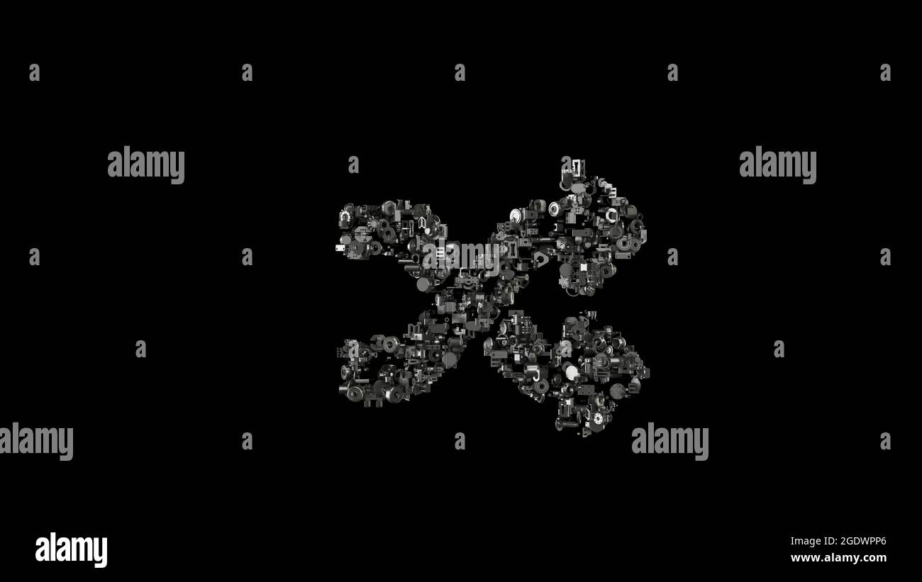 3d rendering various mechanical glossy metal parts in shape of symbol ...