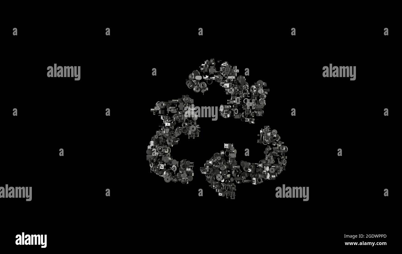 3d rendering various mechanical glossy metal parts in shape of symbol ...