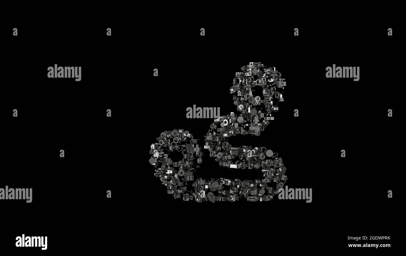 3d rendering various mechanical glossy metal parts in shape of symbol ...