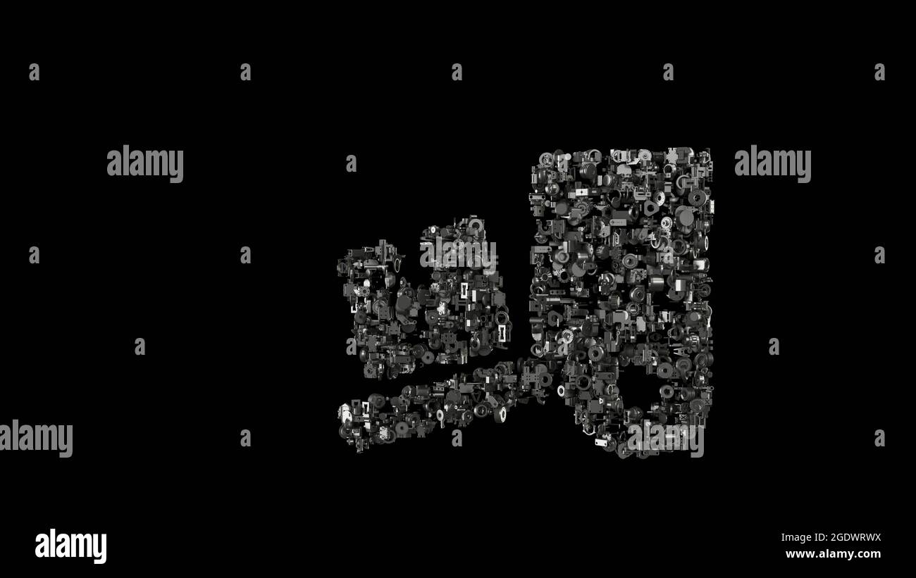 3d rendering various mechanical glossy metal parts in shape of symbol ...