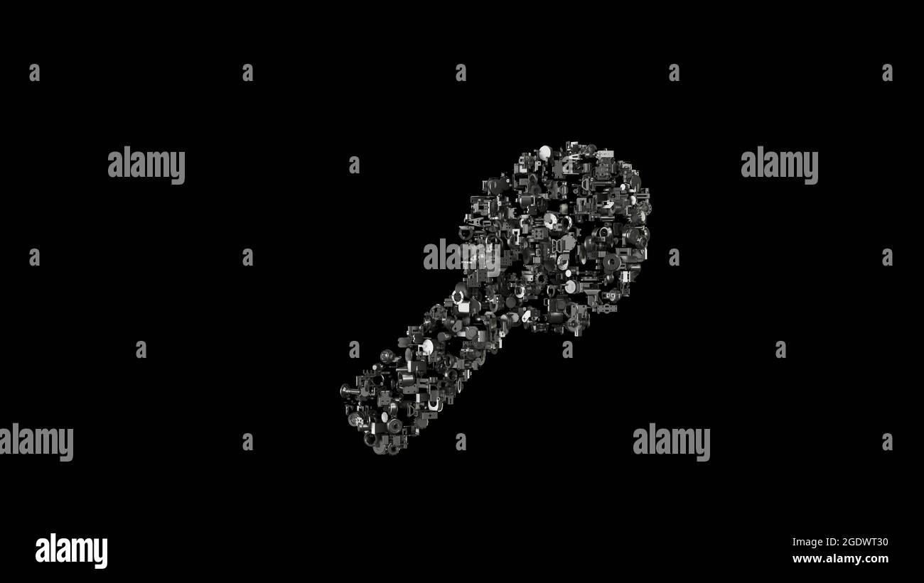 3d rendering various mechanical glossy metal parts in shape of symbol ...