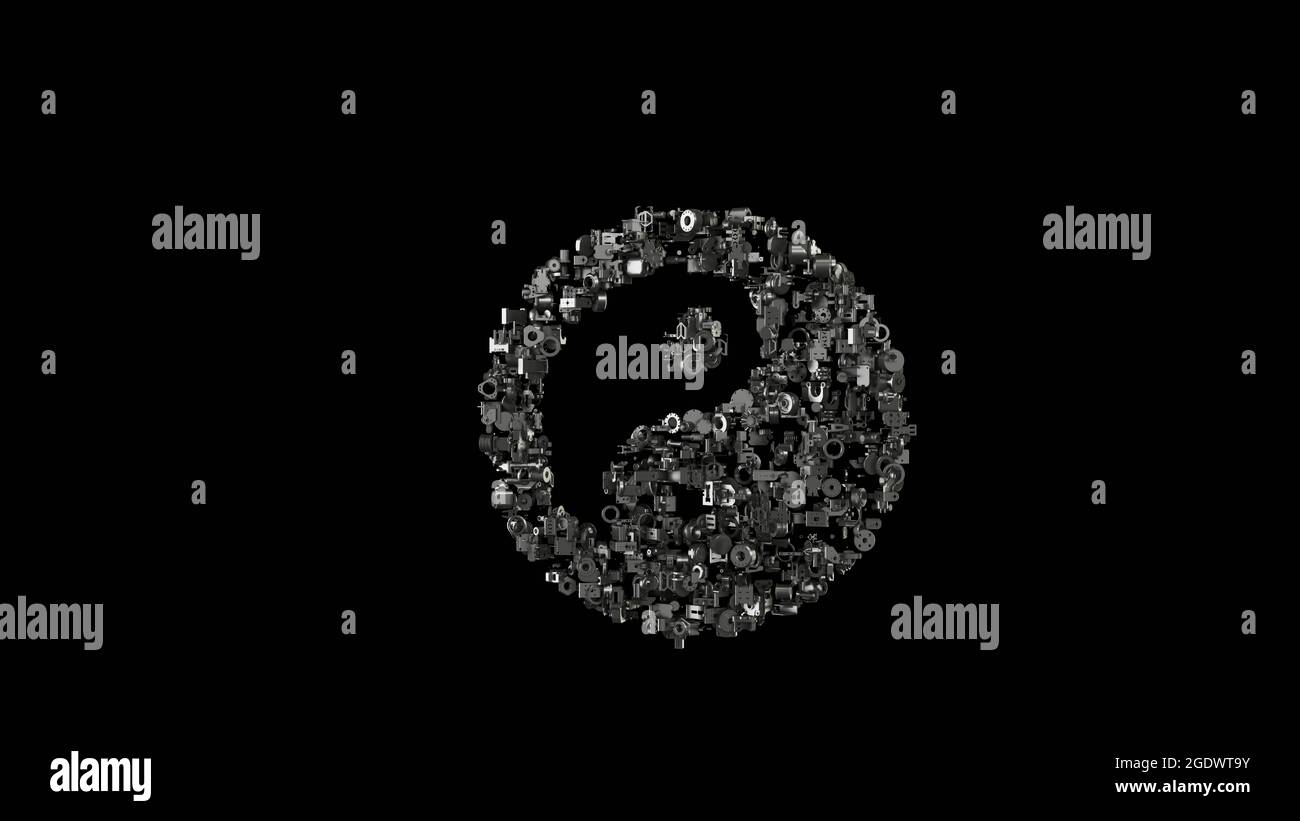 3d rendering various mechanical glossy metal parts in shape of symbol ...