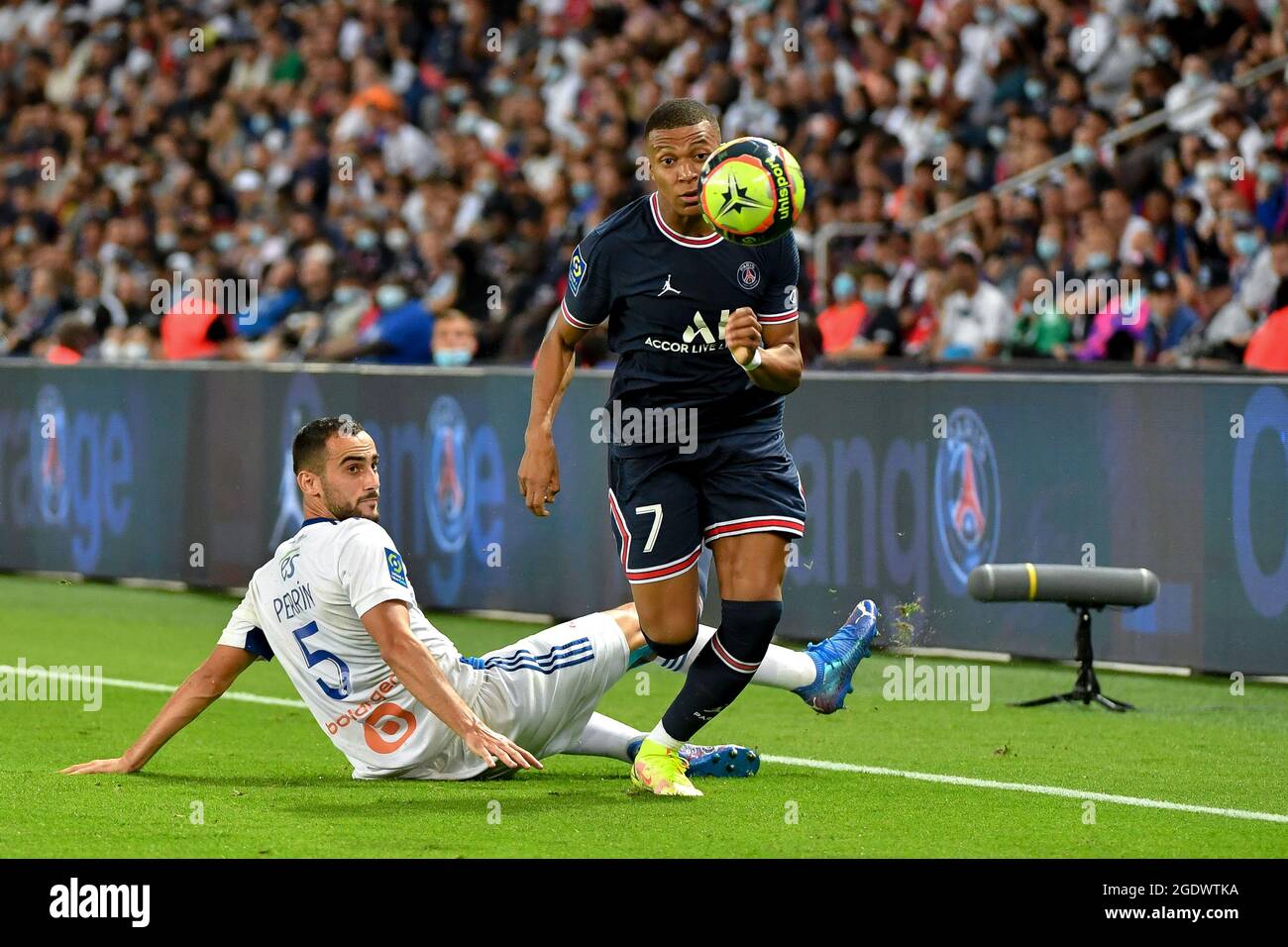 Kylian Mbappe on the field at the PSG vs Strasbourg match in Parc des Princes in Paris, France ...