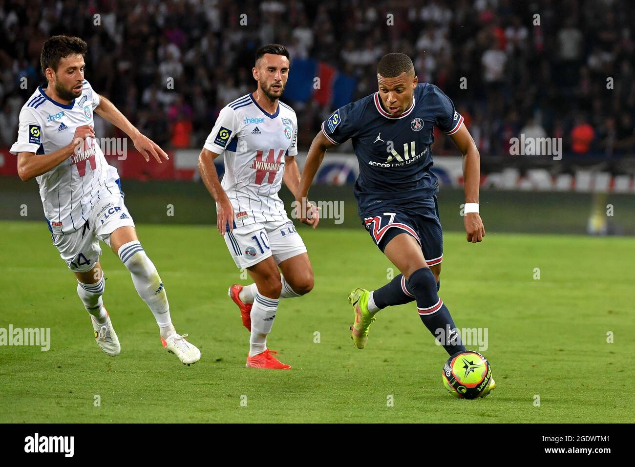 Kylian Mbappe on the field at the PSG vs Strasbourg match in Parc des Princes in Paris, France ...