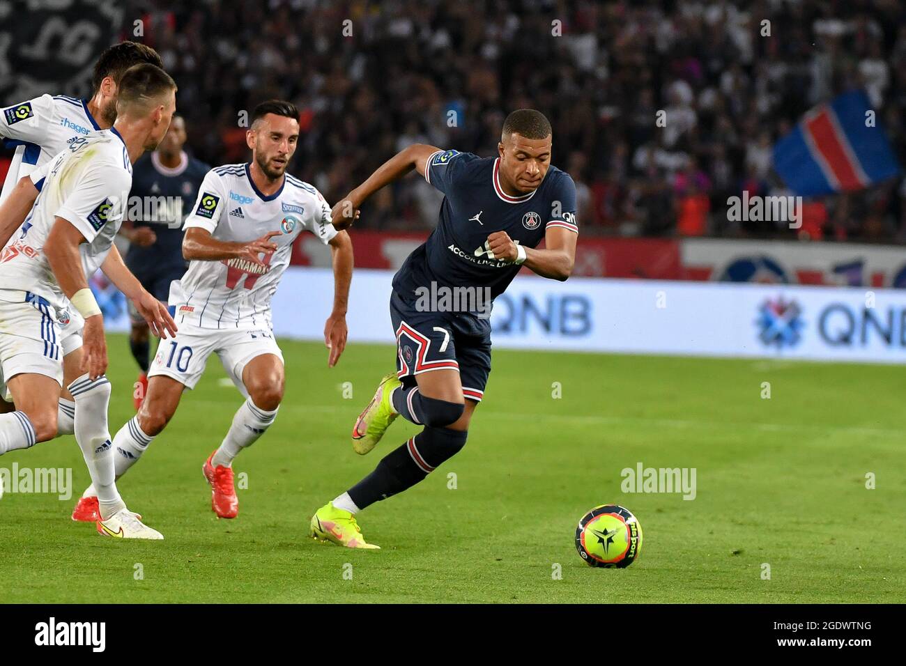 Kylian Mbappe on the field at the PSG vs Strasbourg match in Parc des Princes in Paris, France ...