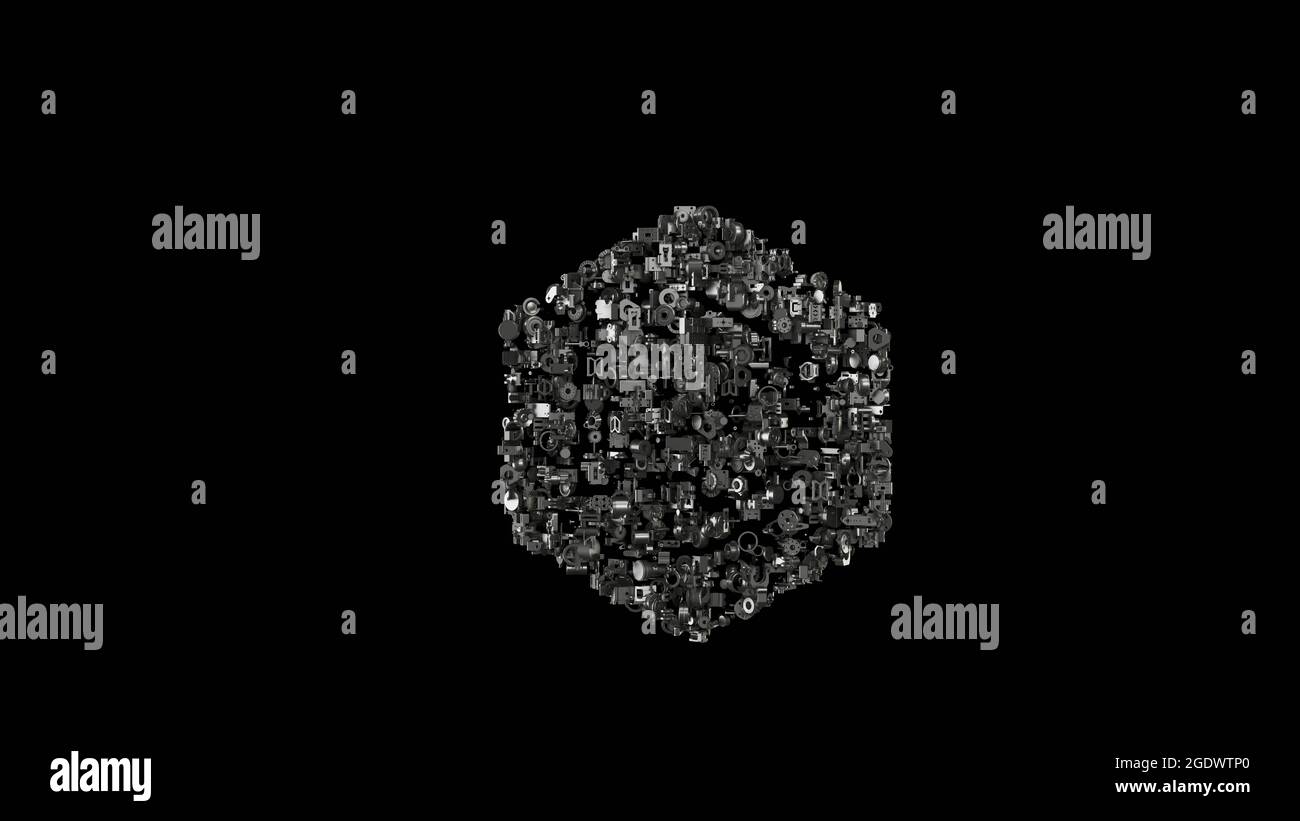 3d rendering various mechanical glossy metal parts in shape of symbol ...