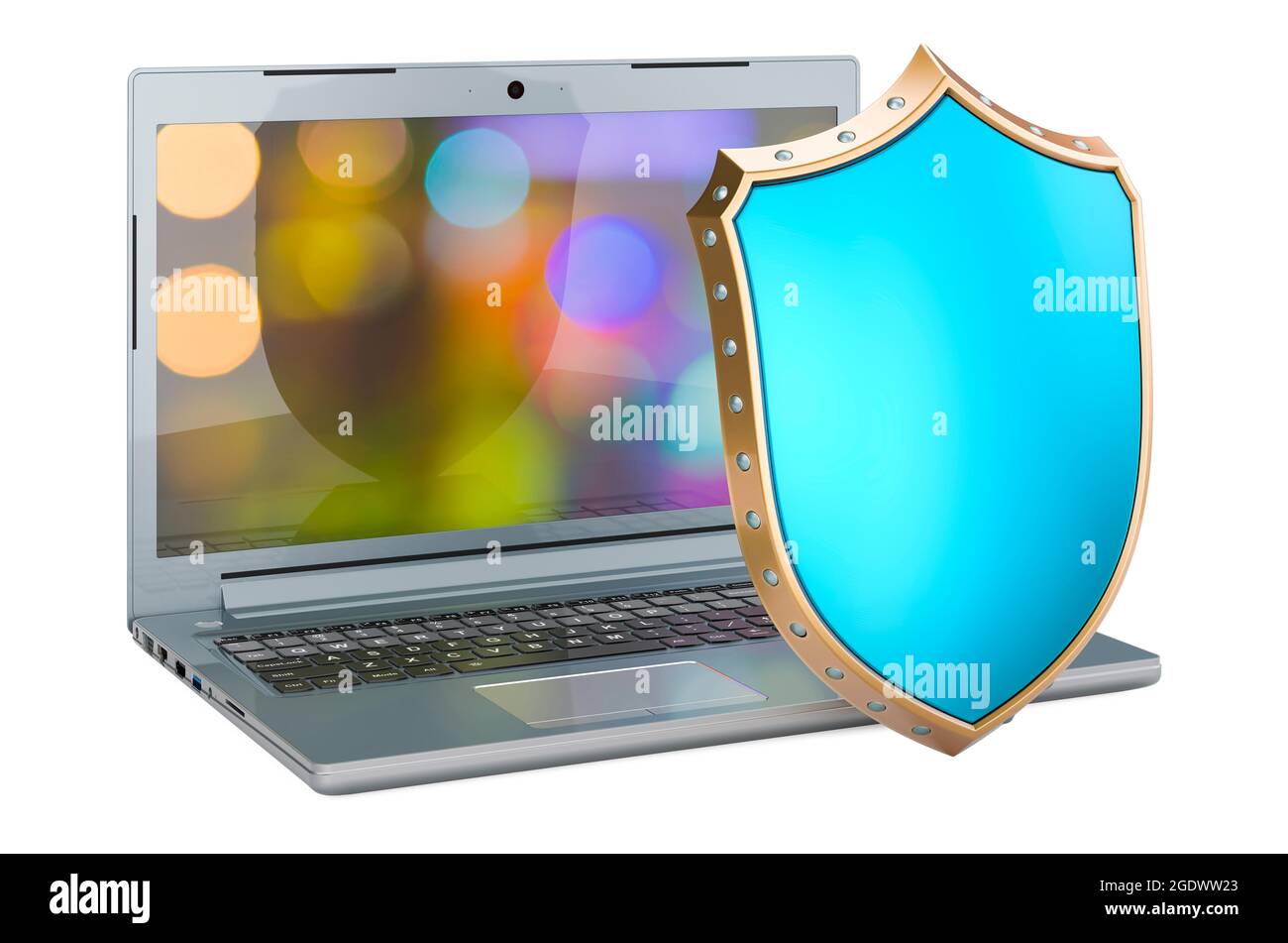 Laptop with shield, 3D rendering isolated on white background Stock ...