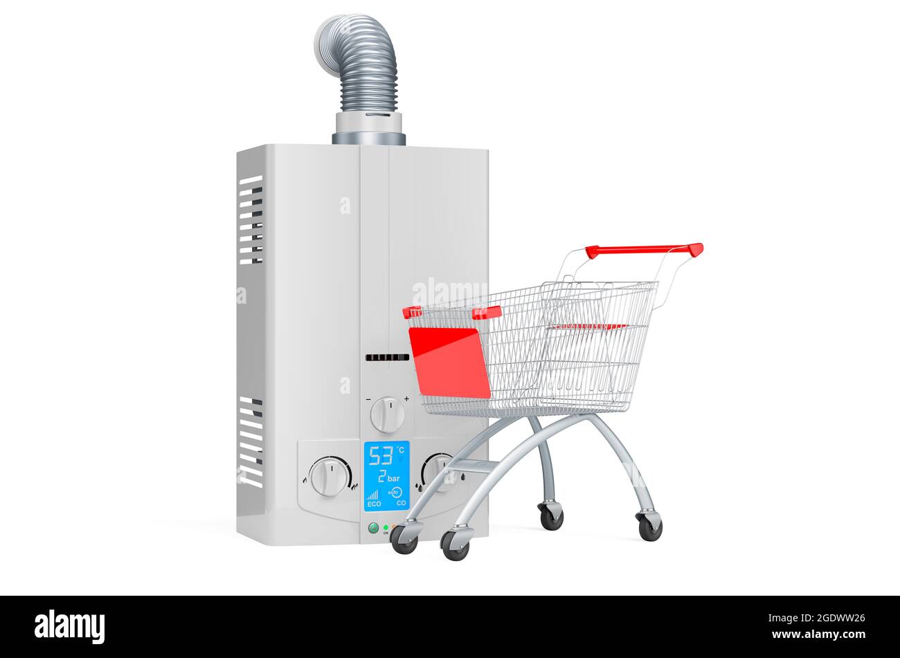 Shopping cart with gas boiler, water heater. 3D rendering isolated on ...