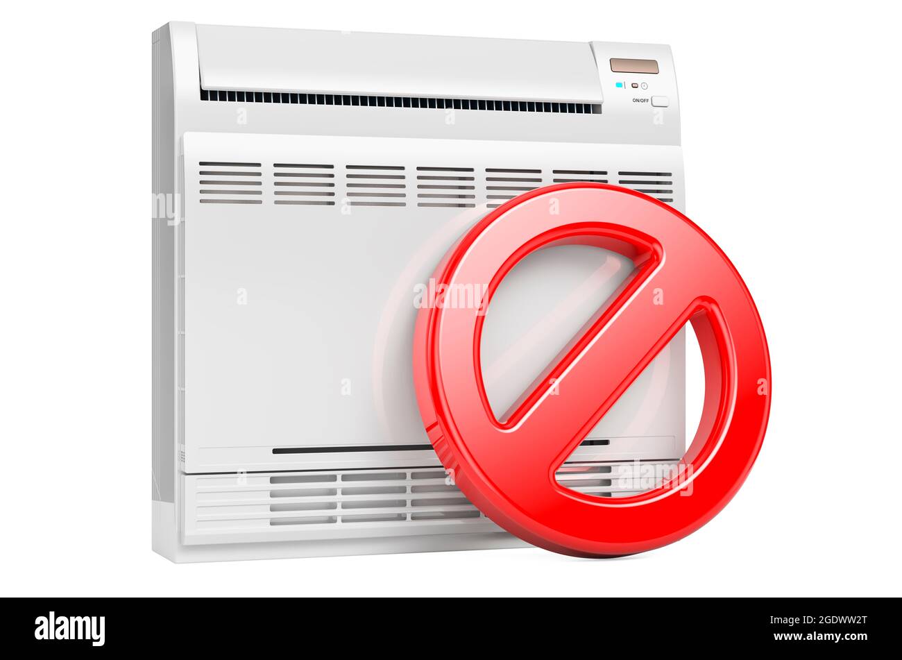 Forbidden sign with portable air conditioner, floor standing unit. 3D ...