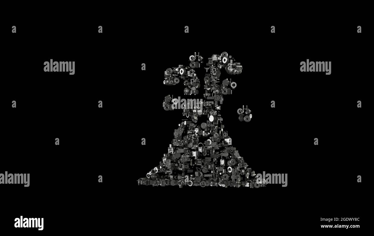 3d rendering various mechanical glossy metal parts in shape of symbol ...