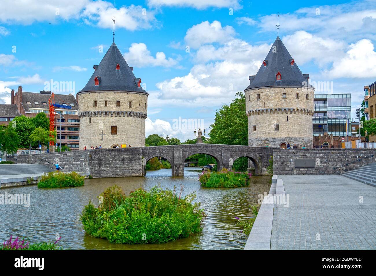 Broel Towers along the river Lys in Kortrijk, West Flanders, Belgium ...