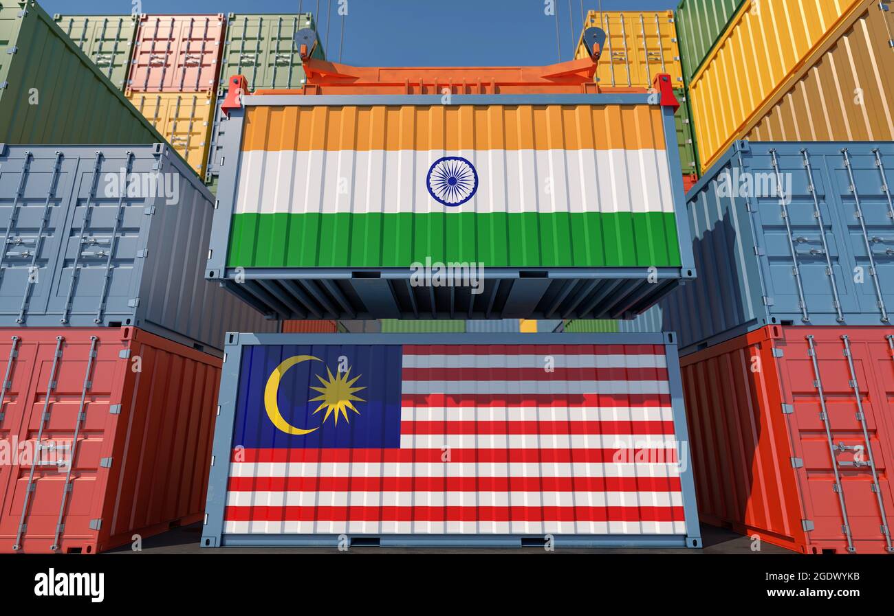 Freight containers with India and Malaysia national flags. 3D Rendering ...