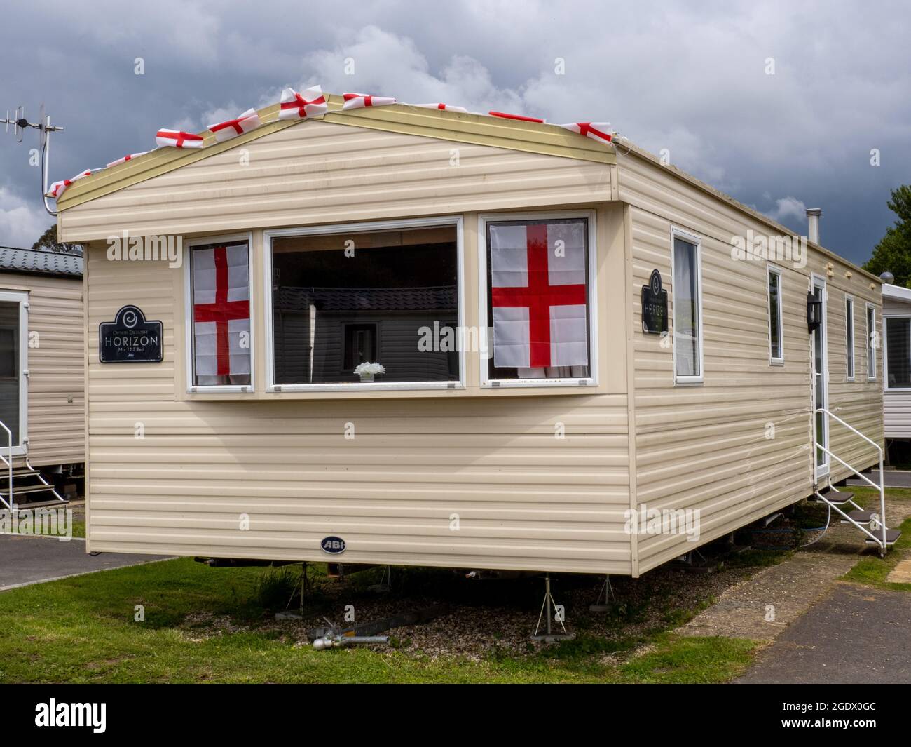 A caravan at HAven Weymouth Bay Holiday Park decorated with England ...