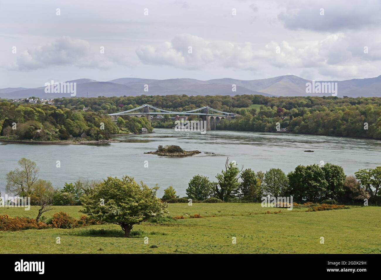 Menai suspension bridge joining Anglesey to mainland Wales Stock Photo ...