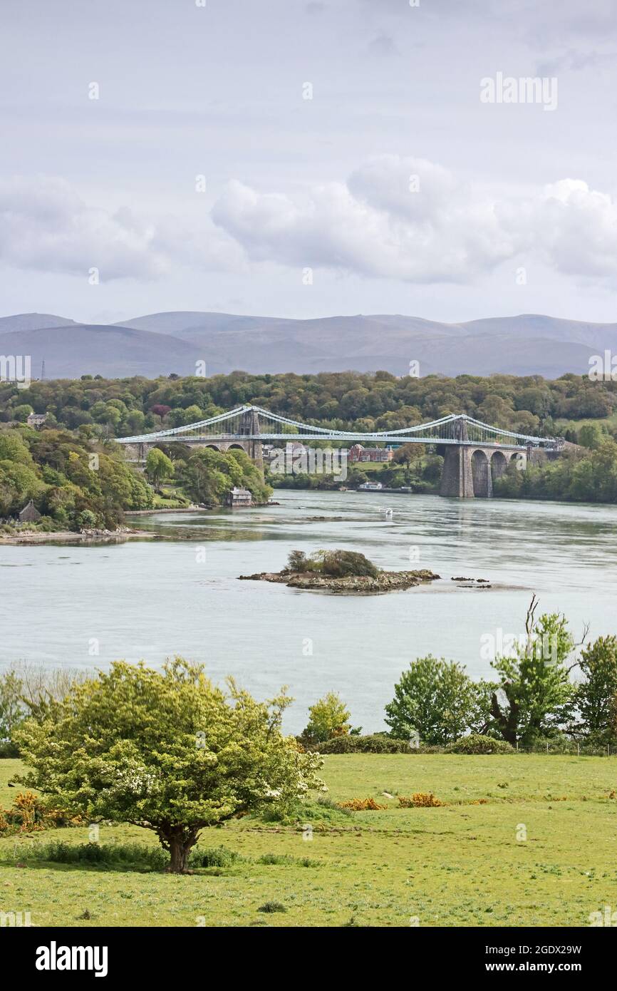 Menai suspension bridge joining Anglesey to mainland Wales Stock Photo ...