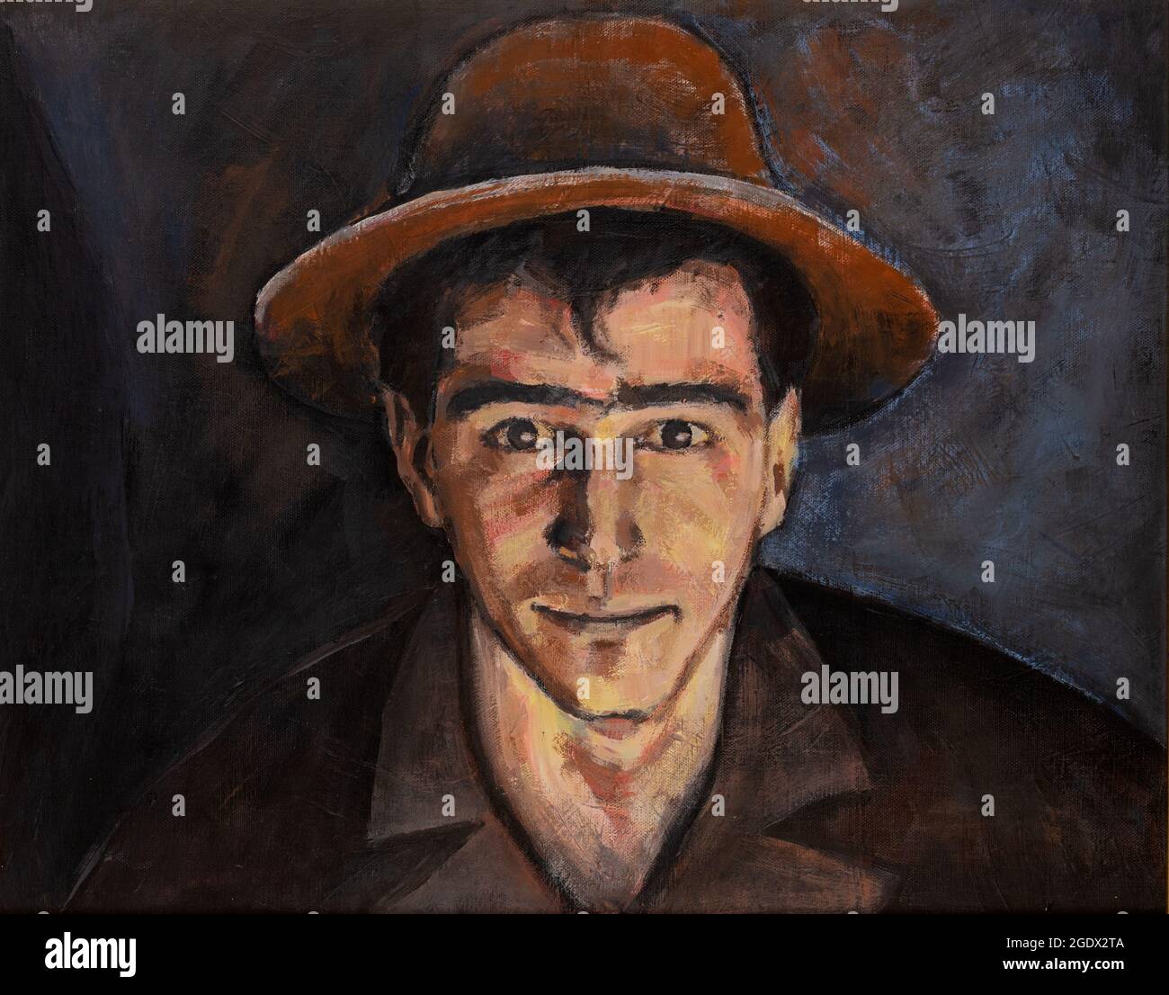 Frontal portrait or self portrait oil painting of a young man with a ...