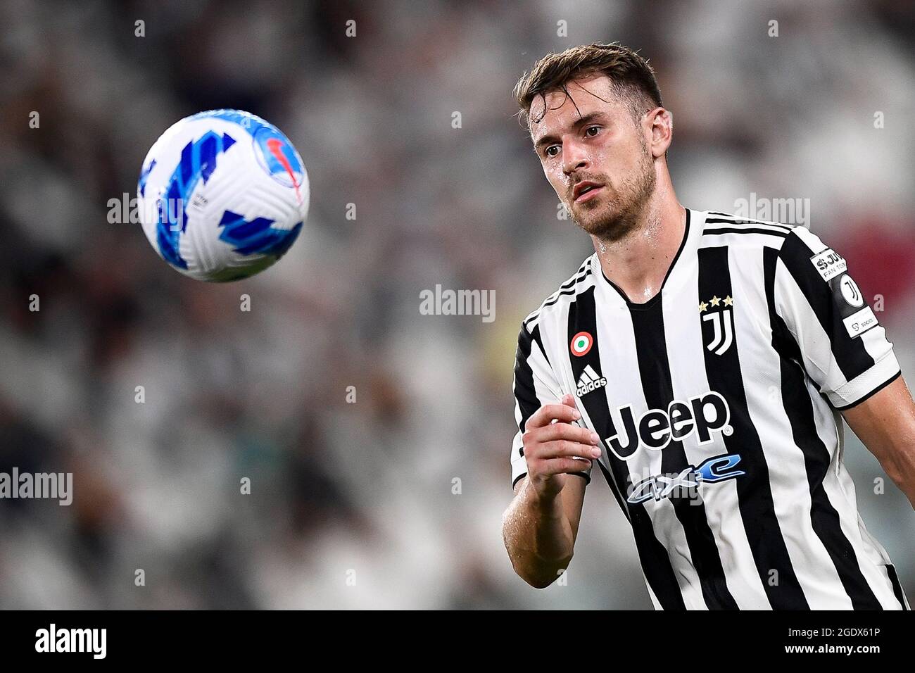 Turin, Italy. 14 August 2021. Aaron Ramsey of Juventus FC eyes the ball ...