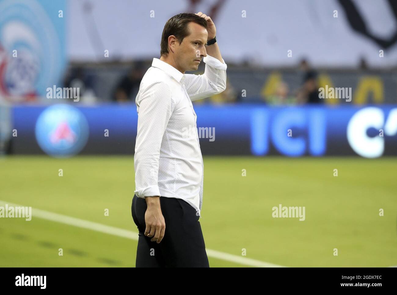 Coach of RC Strasbourg Julien Stephan during the French championship ...