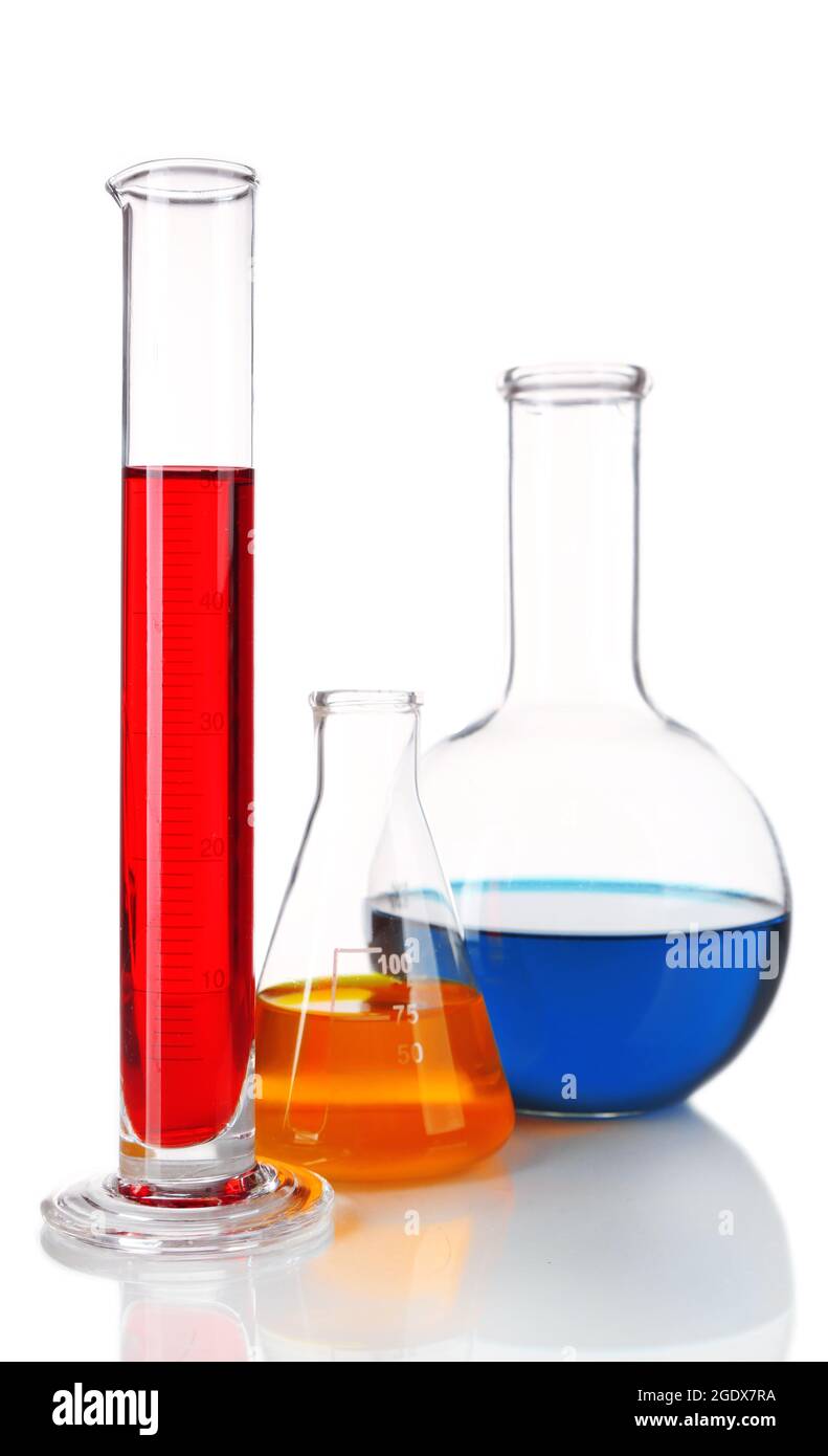 Test-tube and flasks with colorful fluid isolated on white Stock Photo ...