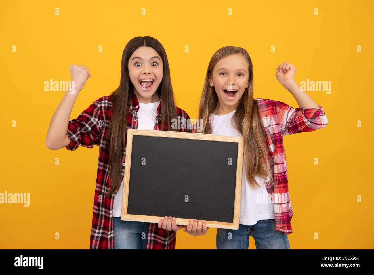 happy children in casual checkered hold school blackboard for copy ...