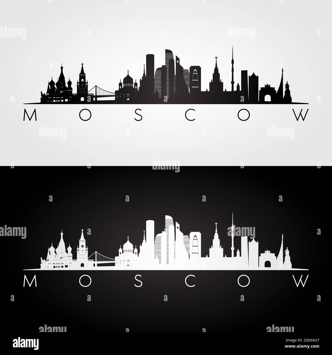 Moscow skyline and landmarks silhouette, black and white design, vector ...