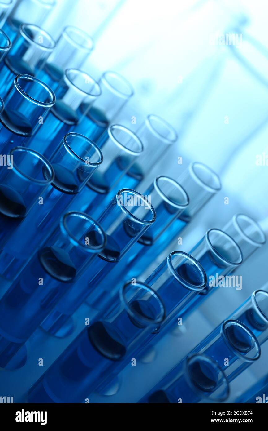 Inverted test-tubes with blue water on light background Stock Photo - Alamy