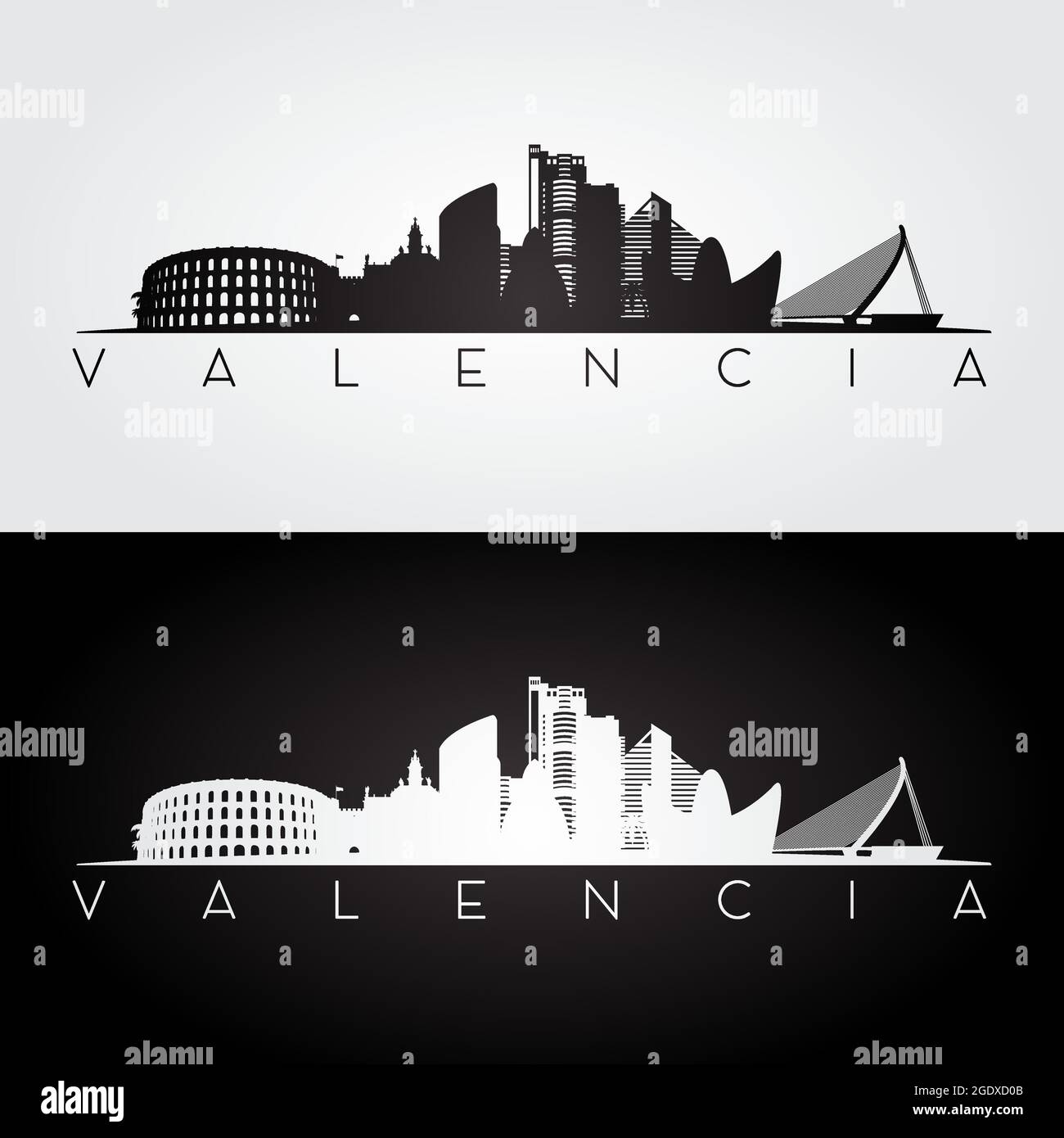 Valencia skyline and landmarks silhouette, black and white design ...