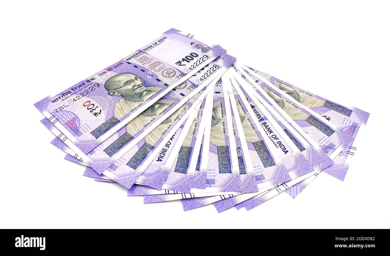 A 100 rupee note on a white background, new Indian currency Stock Photo ...