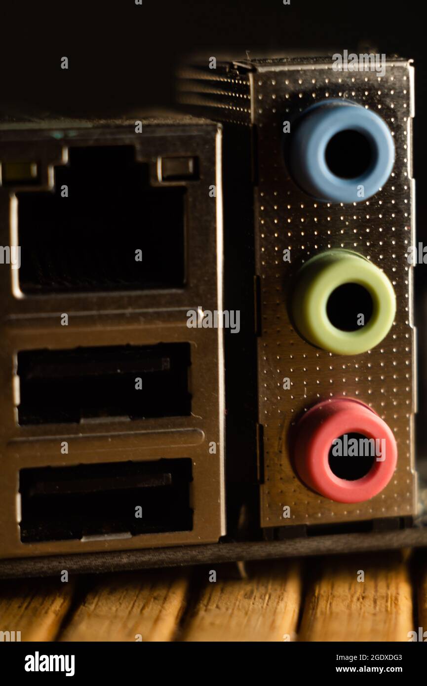 A vertical shot of microphone connectors on the motherboard Stock Photo ...