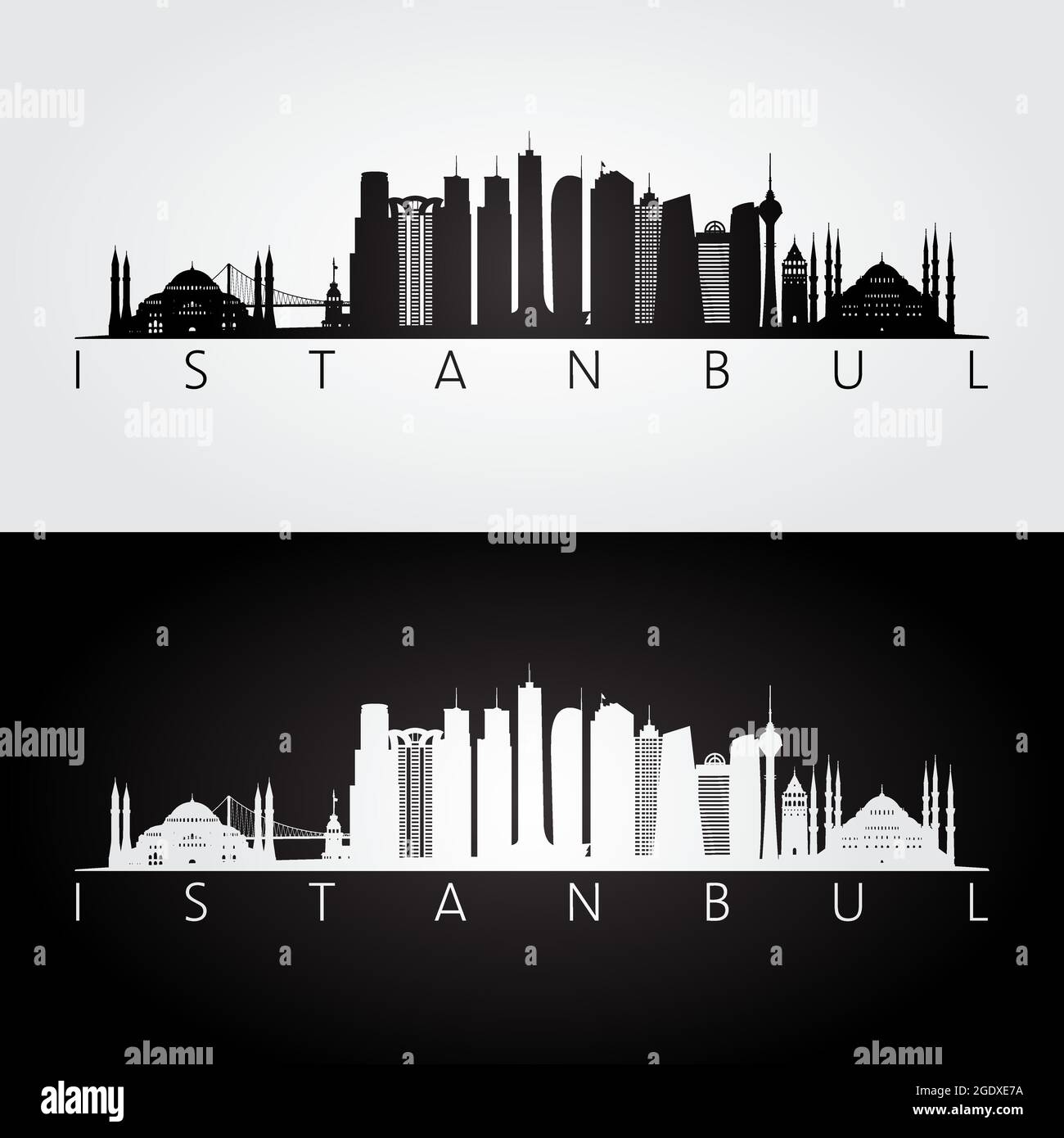 Istanbul skyline and landmarks silhouette, black and white design ...