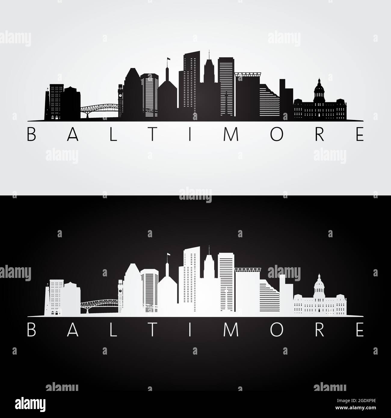 Baltimore USA skyline and landmarks silhouette, black and white design ...