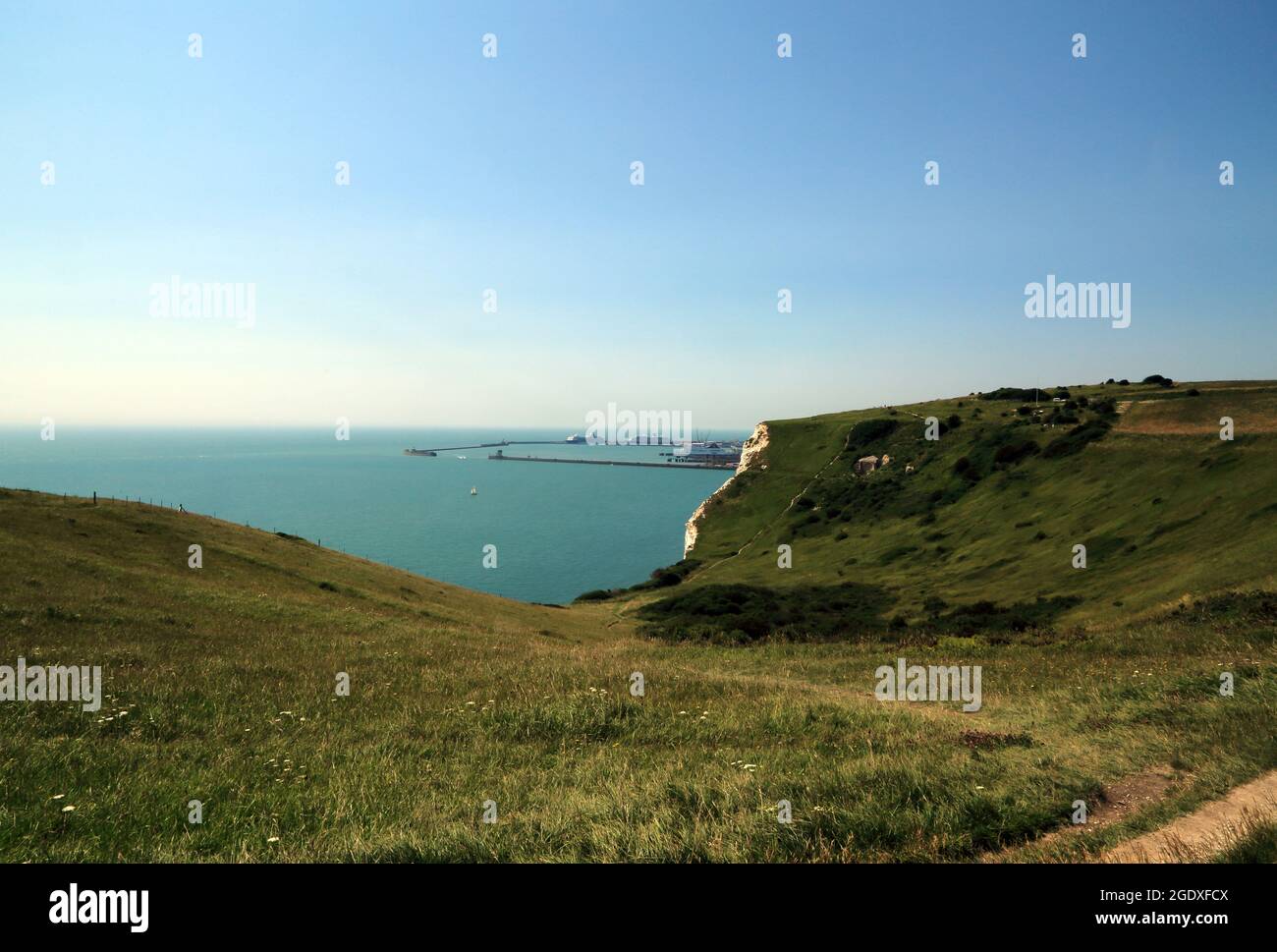 View towards the Port of Dover from the White Cliffs across Langdon Bay ...