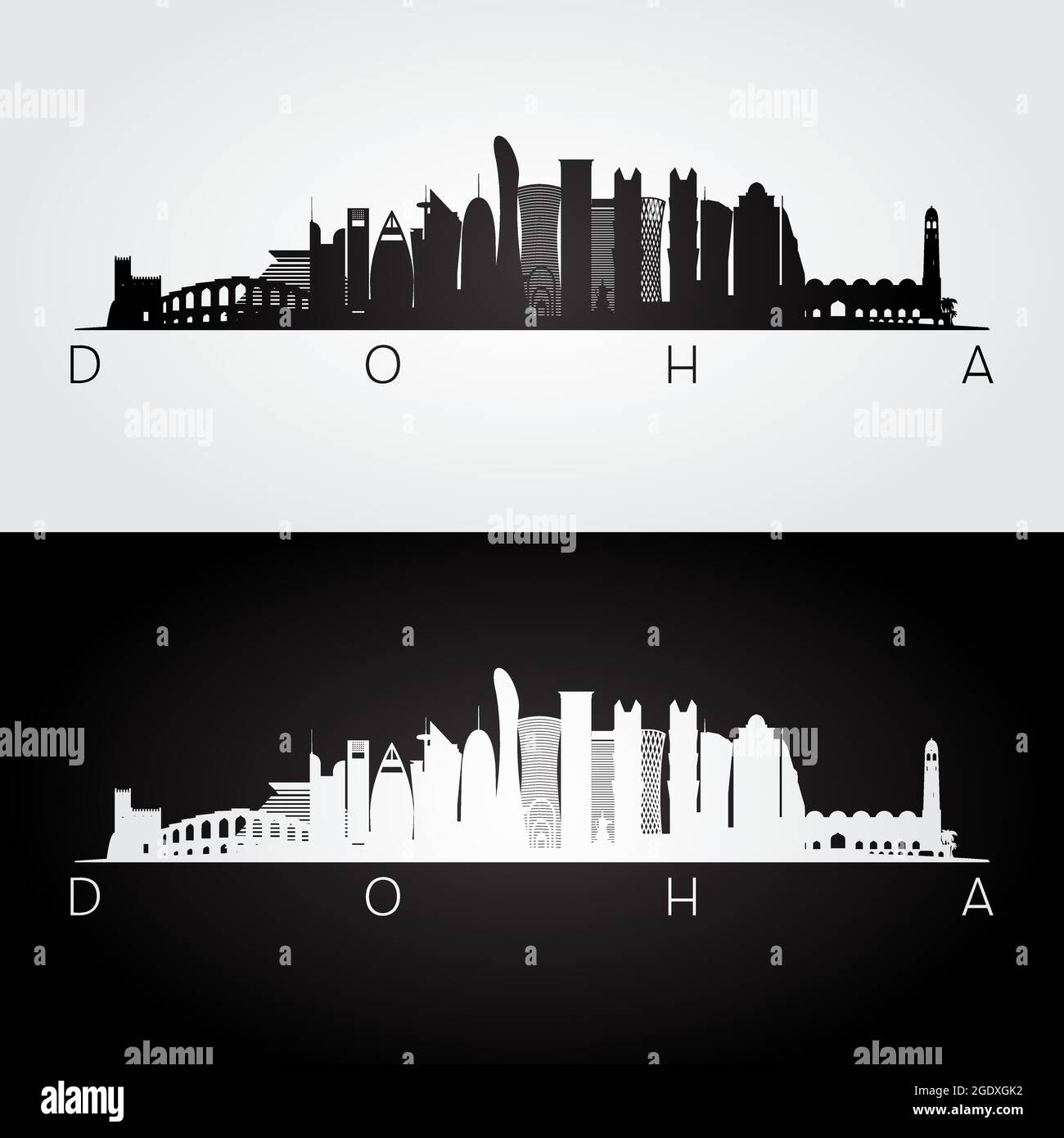Doha skyline and landmarks silhouette, black and white design, vector ...