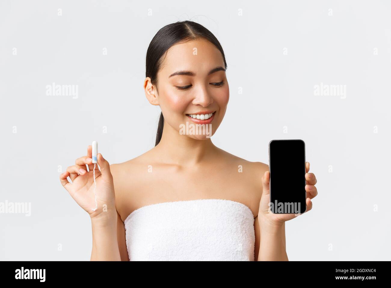 Beauty Personal And Intimate Care Mobile Application Concept Pleased Confident Pretty Asian