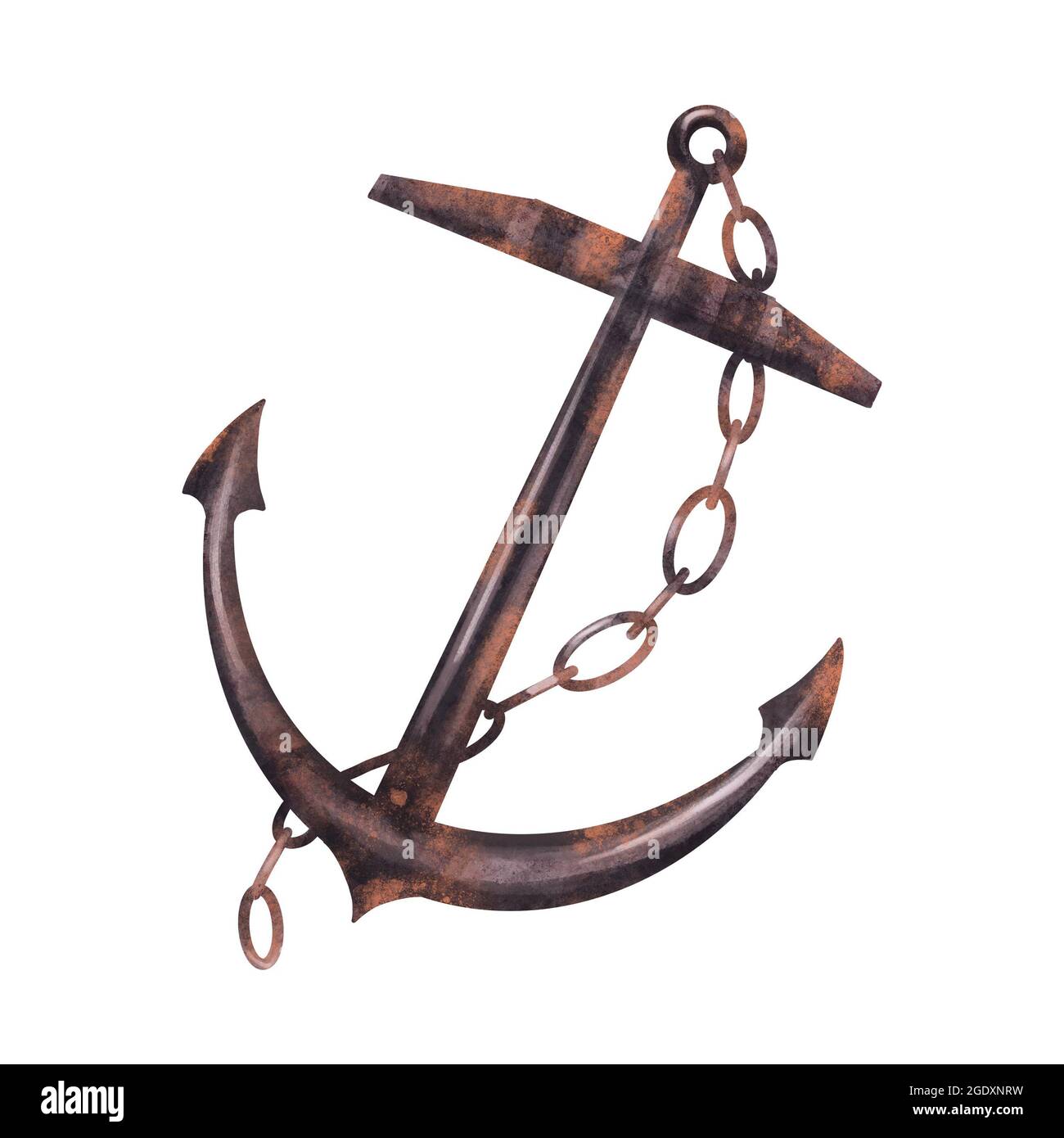 Watercolor hand drawn nautical illustration with an anchor on a chain ...