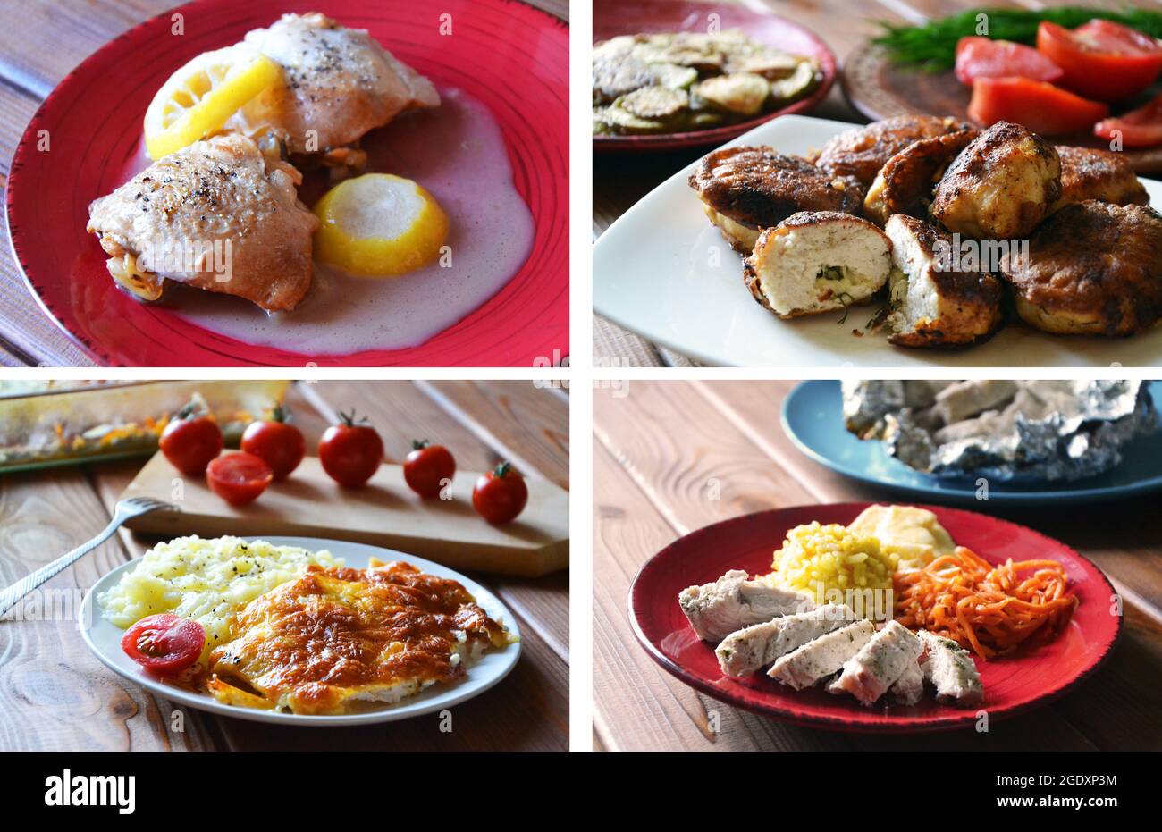 Four different traditional dishes of chicken meat - baked abd grilled ...