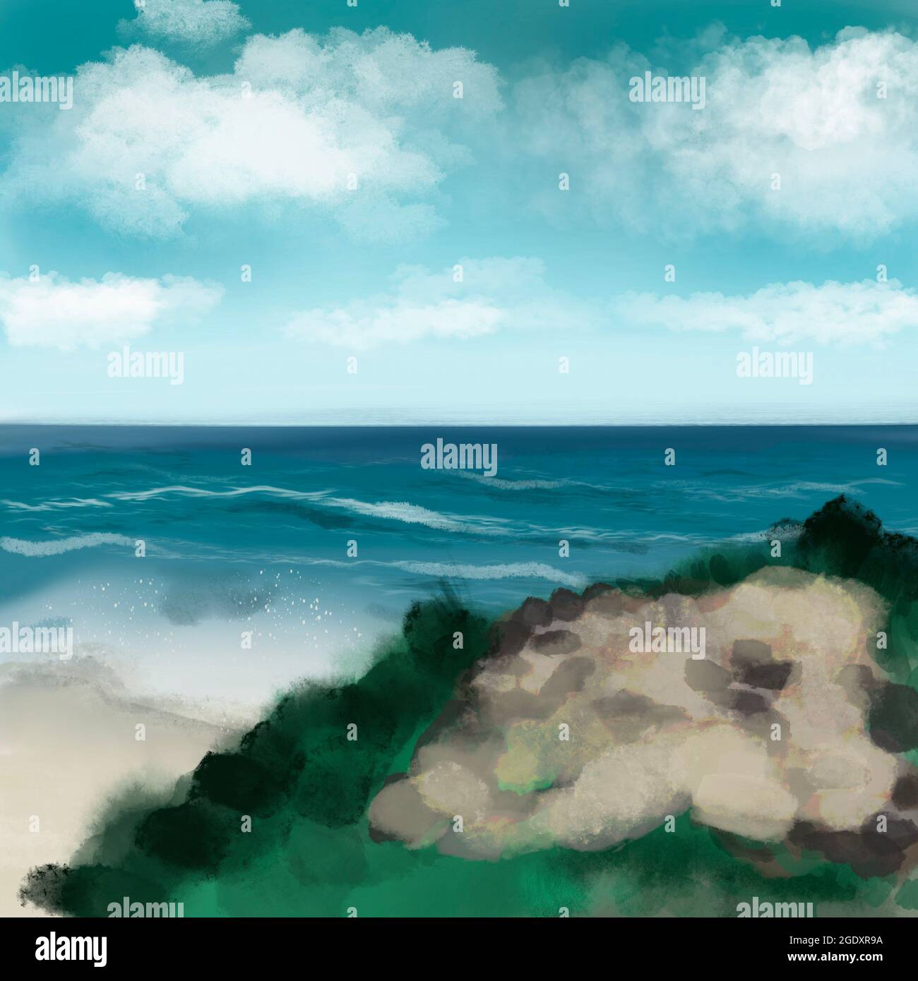 Hand drawn sketch with landscape. Watercolor drawn sketch with seascape ...