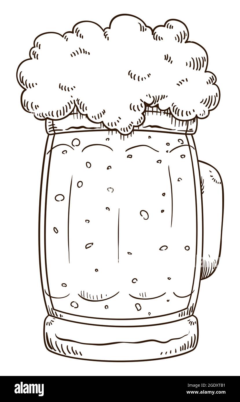Glass tankard with bubbles and froth in hand drawn style, isolated over ...