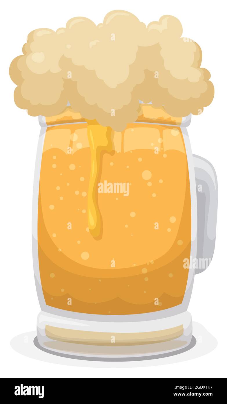Frothy and bubbly beer served in a glass tankard with handle, in ...