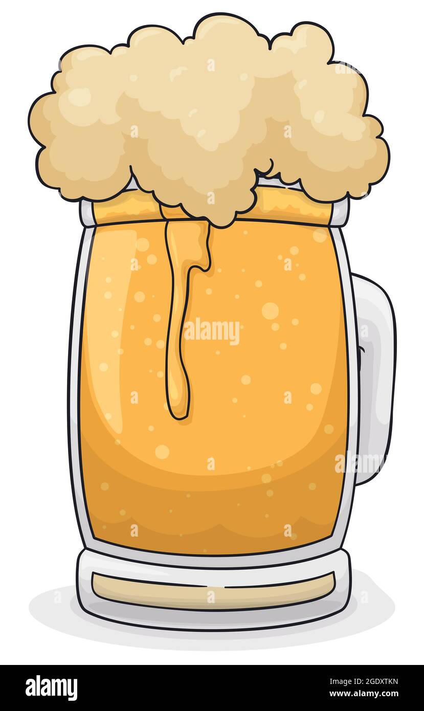 Delicious glass tankard with bubbly and frothy beer in cartoon style ...