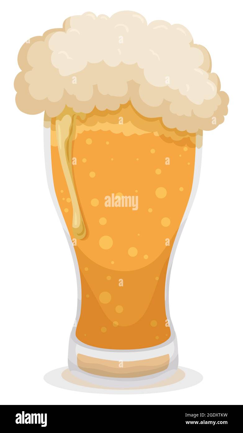 Bubbly and frothy beer served in a weizen glass vase, isolated over ...