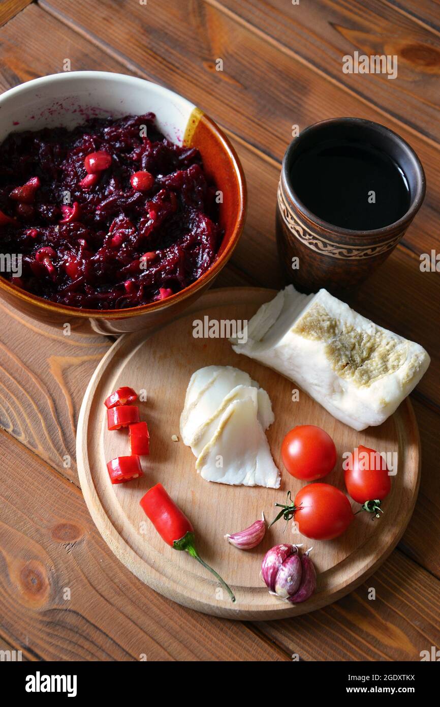 Traditional Ukrainian snacks - salted lard (salo), beetroot salad with ...