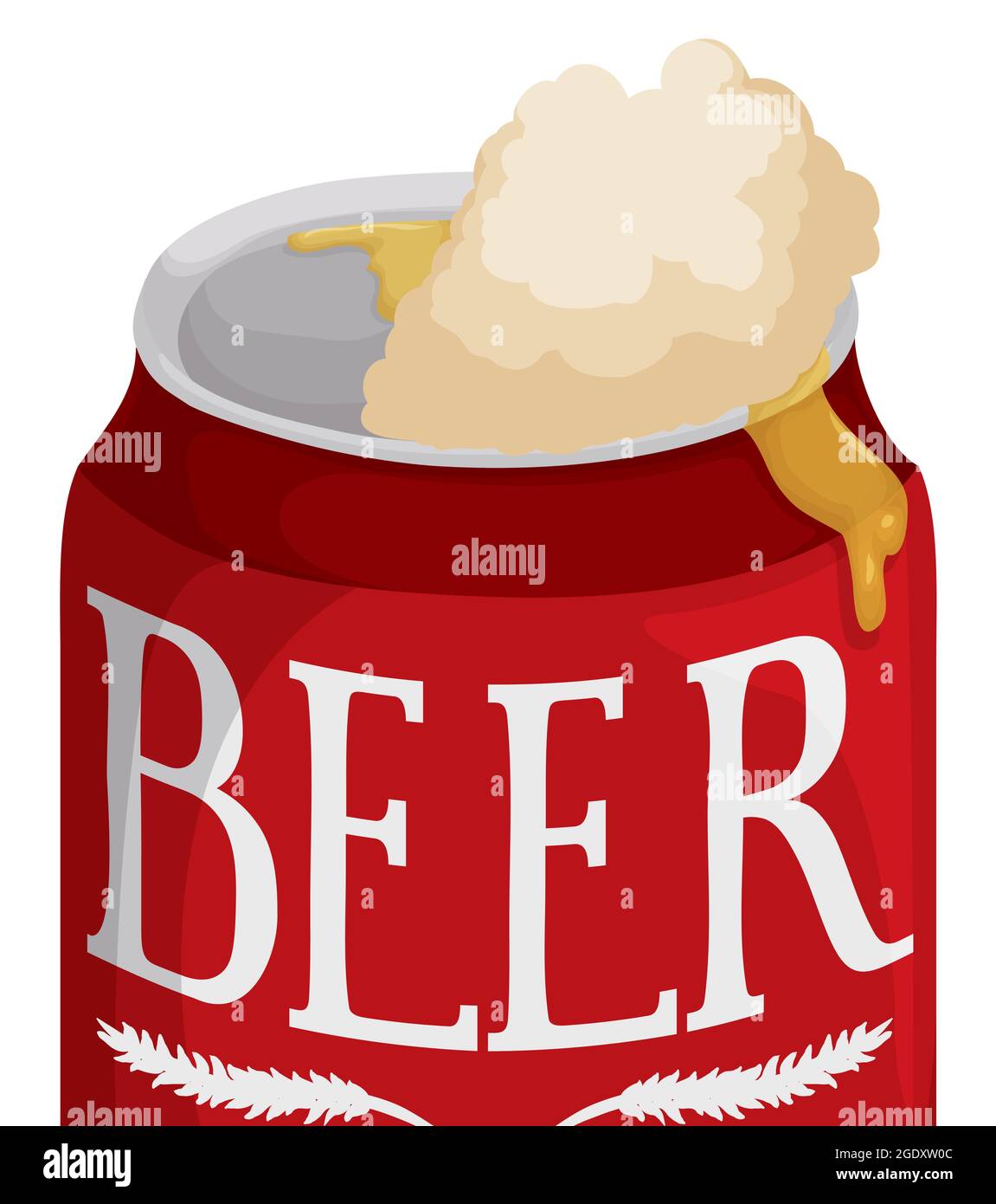 Close-up view of an opened beer can, spilling liquid and froth, over ...