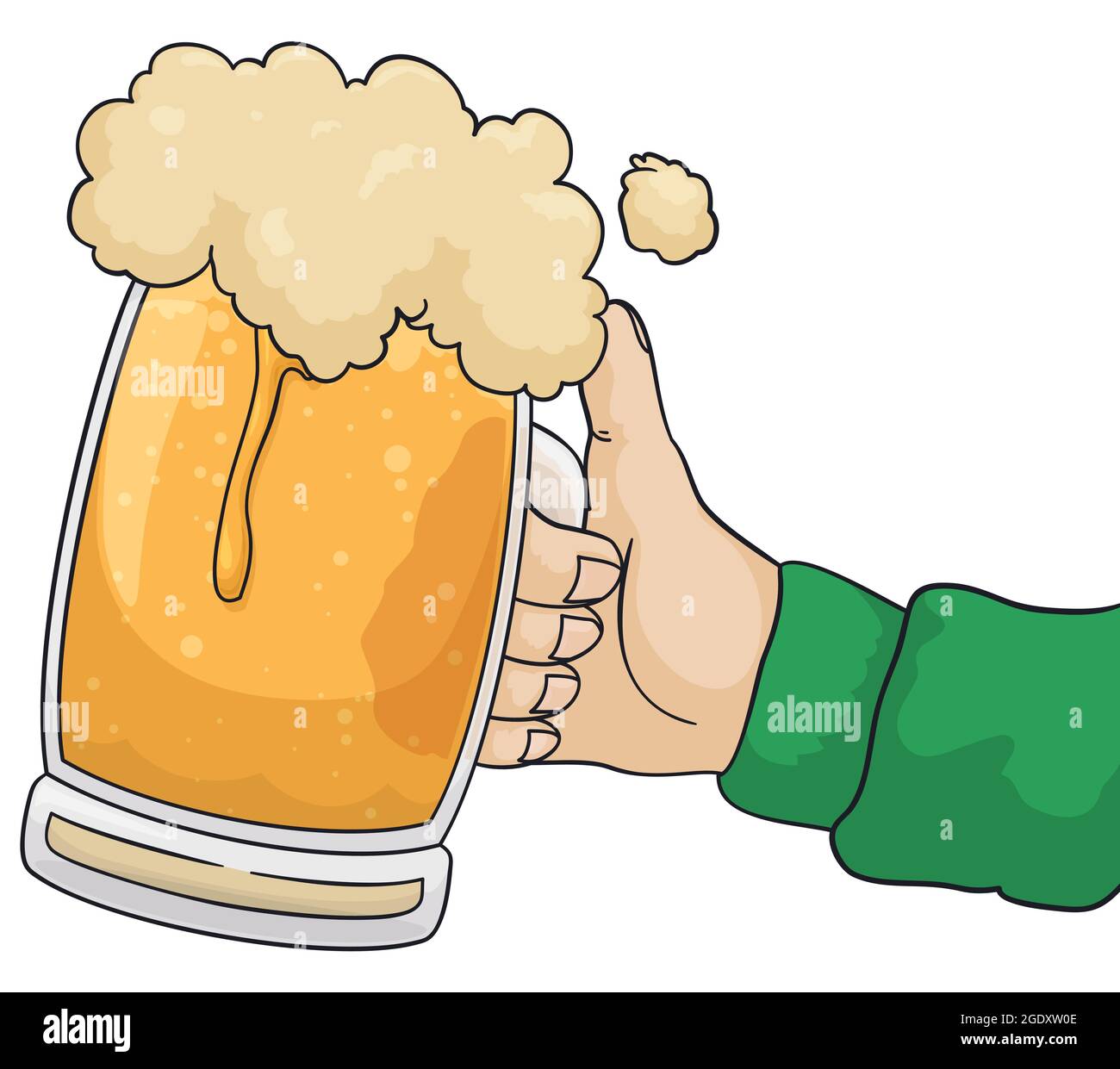 Big glass tankard with frothy beer gripped by a hand with green sleeve ...